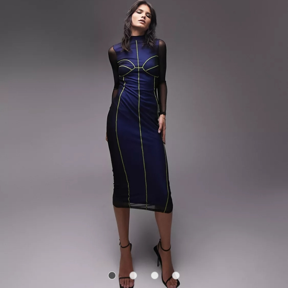 Nwot Seamed Corset Body Mapping Mesh Midi Dress - Gem